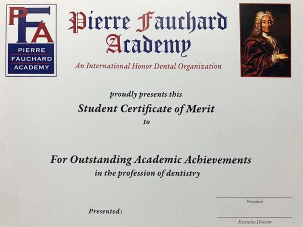 Student Certificate of Merit - Pierre Fauchard Academy